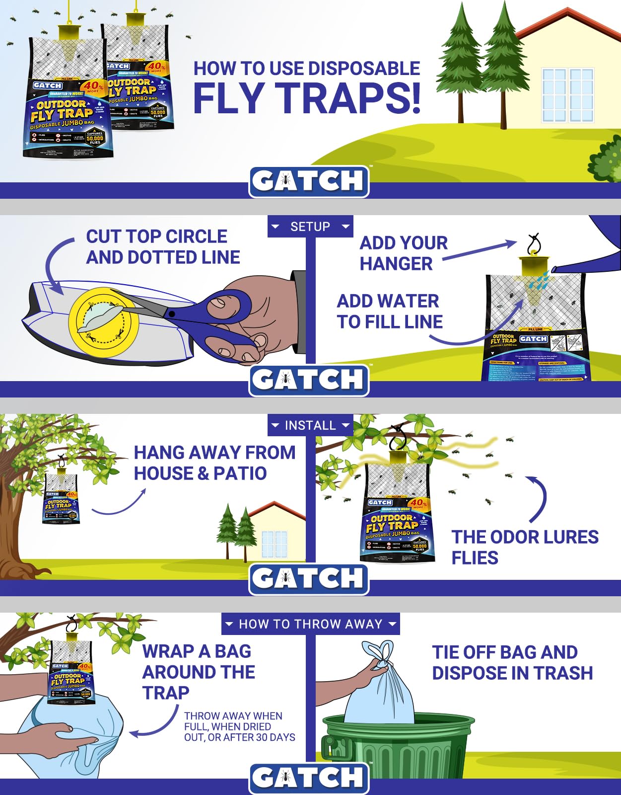 JUMBO Outdoor Fly Trap Bags (4 Pack), Disposable, Hanging Fly Catcher with Bait, Outdoor Use Fly Hunter Repellent Control Catcher Killer, Flies Trap for Barn, Farm, Mosquito, Bugs, Gnats, Ready to Use