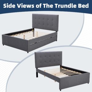 civama Full Size Bed with Trundle, Upholstered Full Over Twin Bed with Headboard & Wooden Slat Support, Pull Out Twin Platform Bed Underneath, No Box Spring Needed, Grey