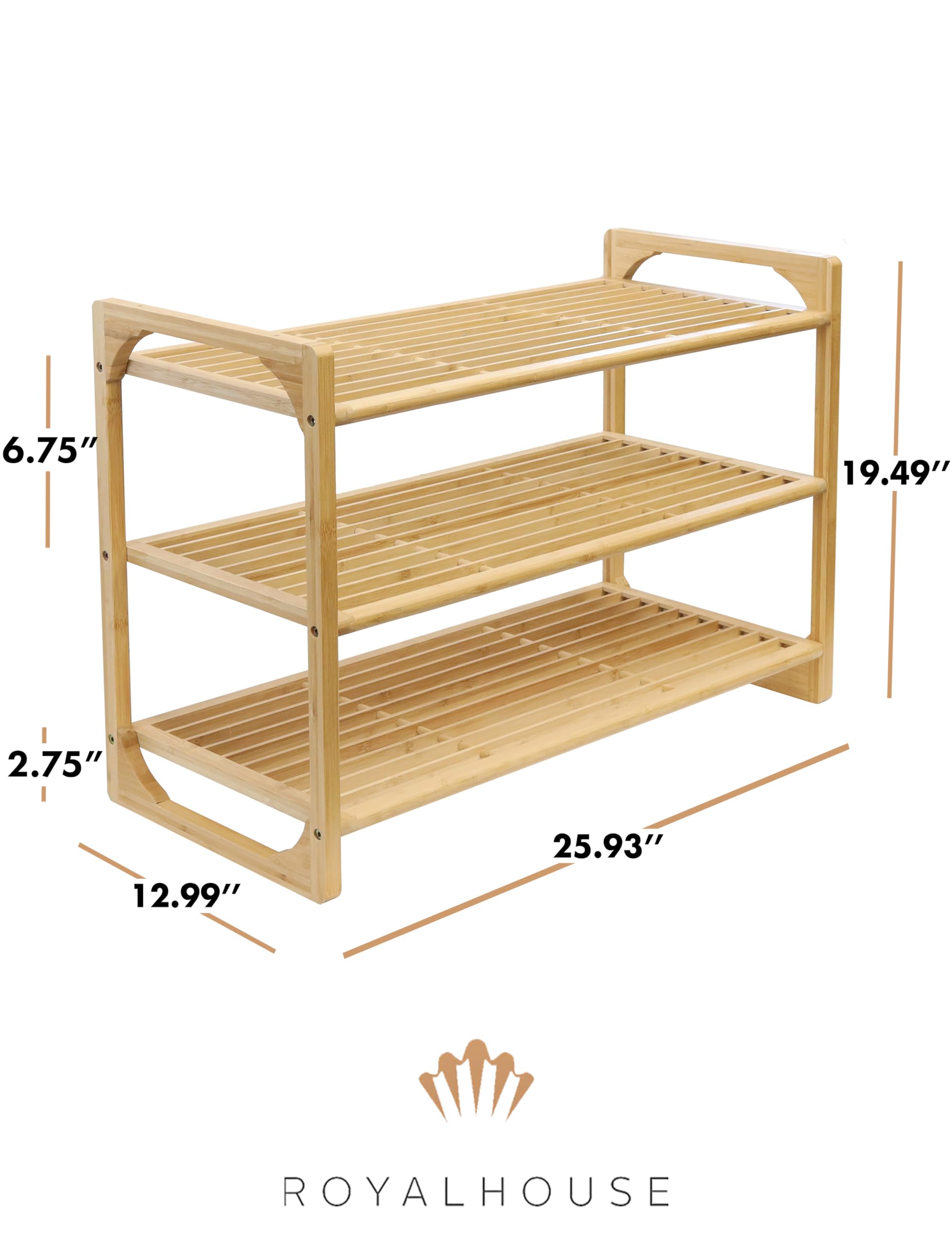 RoyalHouse Bamboo Stackable Shoe Rack, 3-Tier Shoe Organizer, Perfect Free Standing Shoe Rack for Living Room, Closet, Entryway, Bedroom