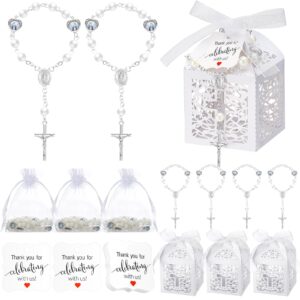 landical 100 pieces baptism favors set includes 25 mini rosary 25 laser cut baptism favor boxes 25 white organza bags and 25 thank you tags for boys girls baby shower party wedding baptism decorations