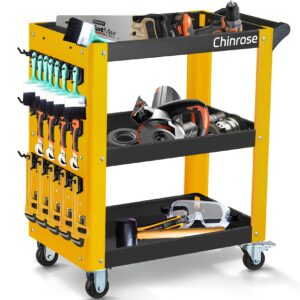 3 tier rolling tool cart on wheels, heavy duty utility tool cart with pegboard,tool cart for mechanics, garage, warehouse, workshop