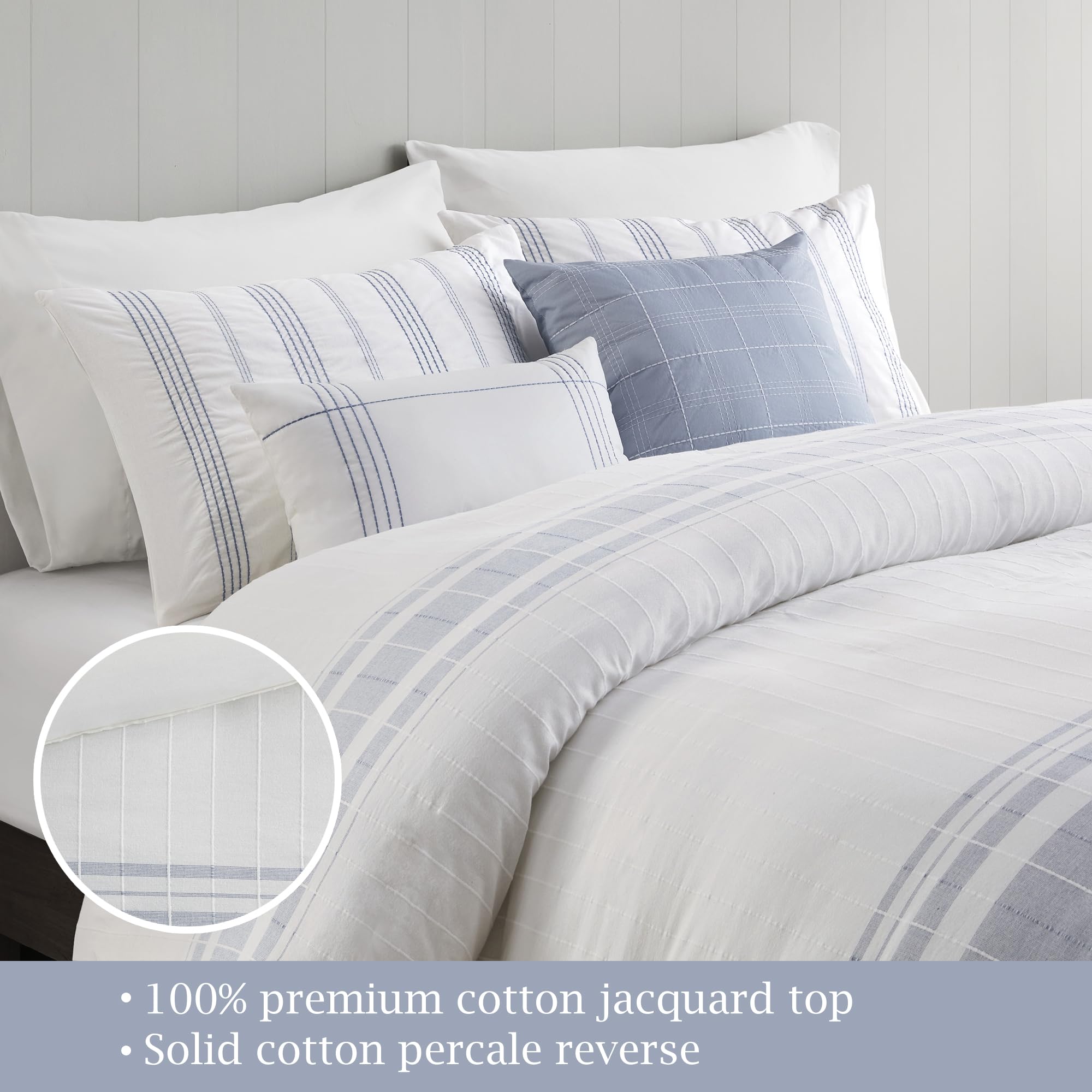 Harbor House Queen Duvet Cover Set, Stripes Clipped Jacquard, Cotton Oversized Duvet Cover for a Queen-Size Bed, Farmhouse Bedding Cover, 2 Shams, 2 Décor Pillows, Morgan, Full/Queen White/Blue