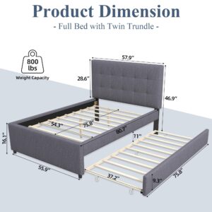 civama Full Size Bed with Trundle, Upholstered Full Over Twin Bed with Headboard & Wooden Slat Support, Pull Out Twin Platform Bed Underneath, No Box Spring Needed, Grey