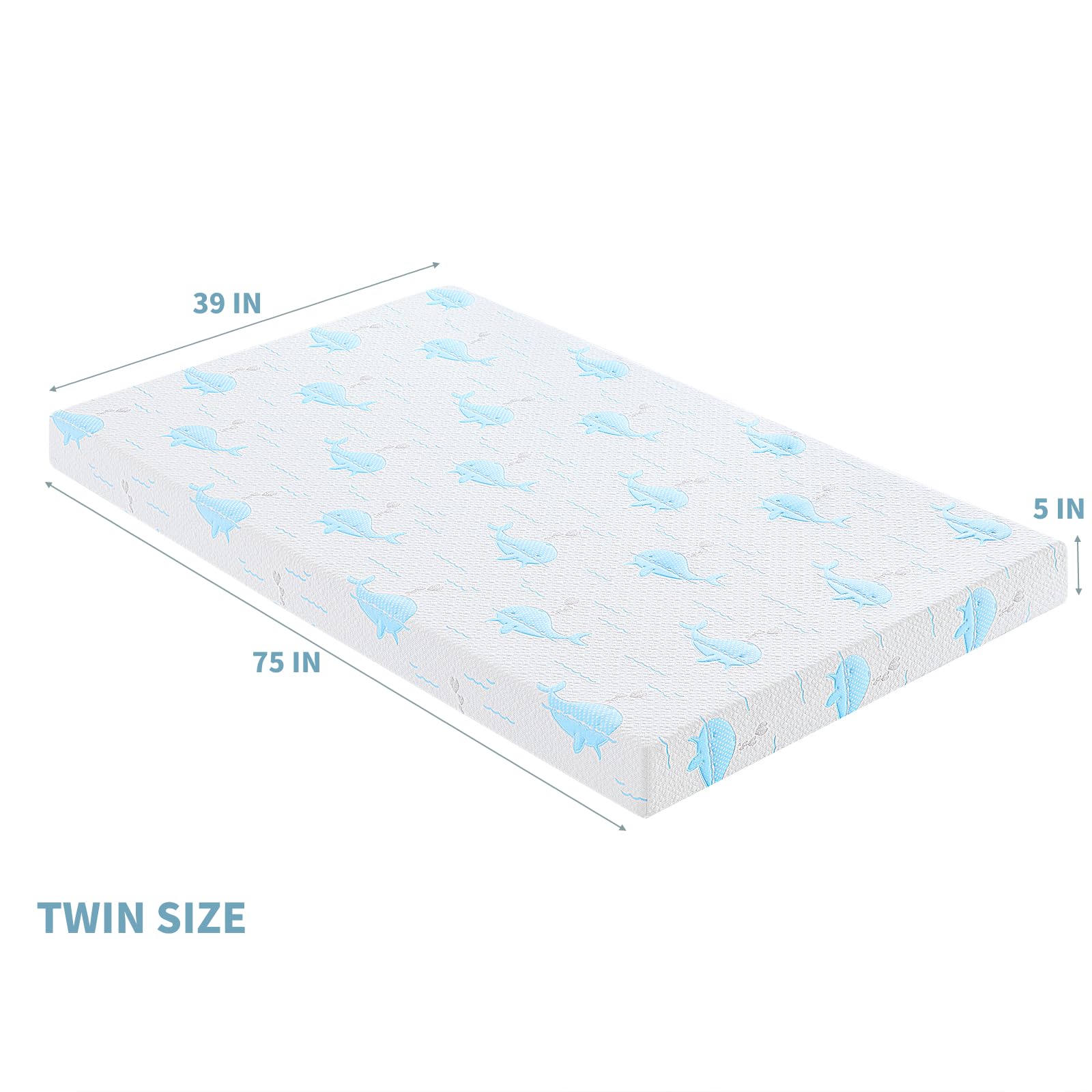 VFD Twin Mattress 5 Inch, Medium Firm Memory Foam Mattress with Removable Washable Cover Bed in a Box with Zip Cover Dolphin Pattern, CertiPUR-US Certified (5 in, Twin)