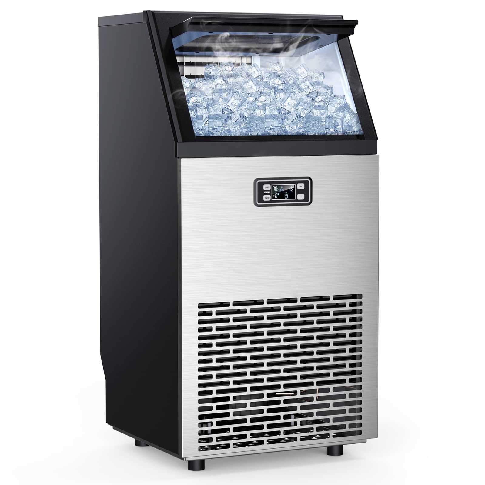 FREE VILLAGE Commercial Ice Maker Machine, 100lbs/Day, 45 Ice Cubes/Batch in 11-18 Mins, Self-Cleaning, Advanced LCD Panel, Stainless Steel, Freestanding Ice Maker for Home Office Restaurant Bar Party