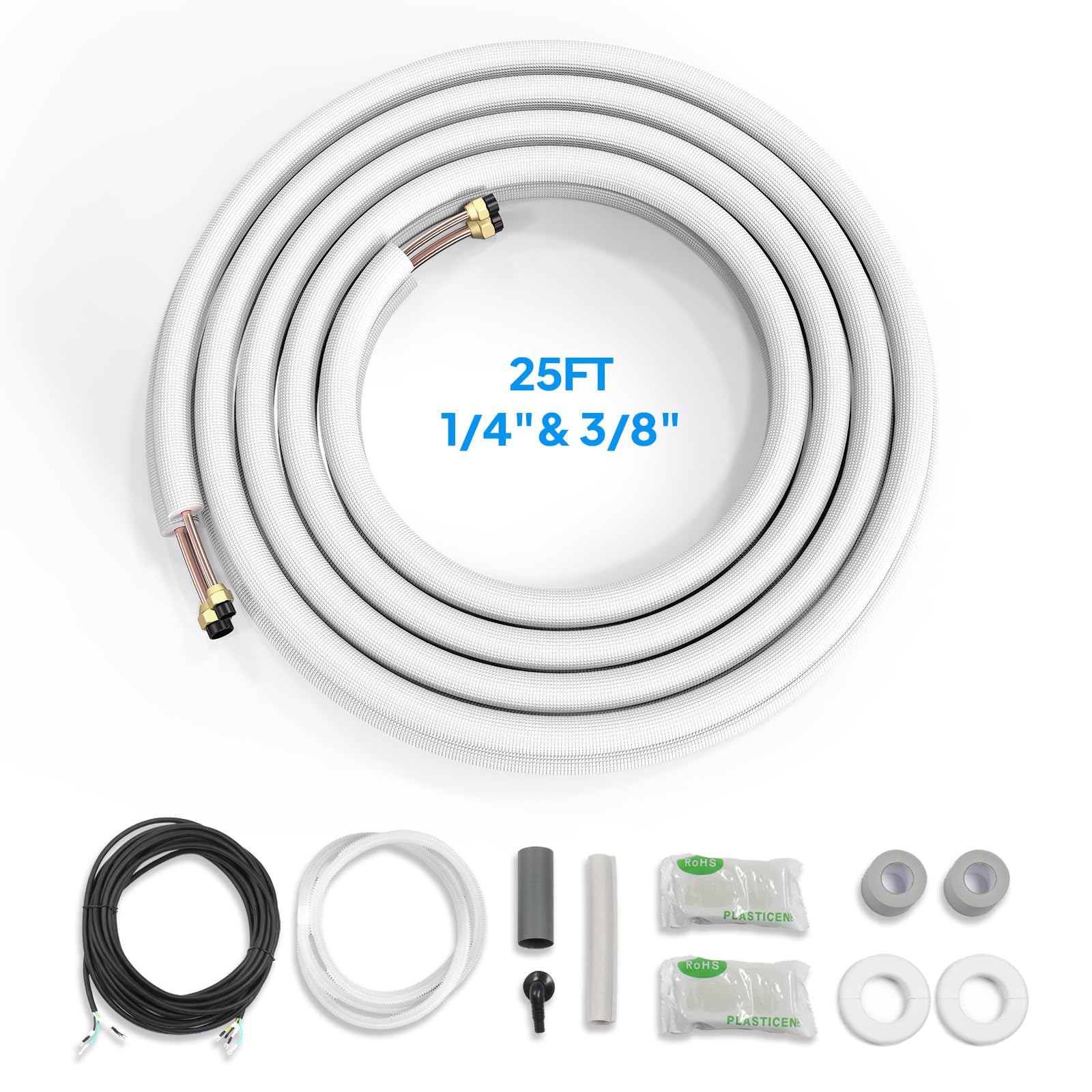 ROVSUN 25 Ft Mini Split Line Set, 1/4" & 3/8" O.D. Flared Copper Tubing Pipes & 3/8" Thickened PE Insulated Coil with Nuts & Installation Kit for Mini Split Air Conditioner & Heat Pump System