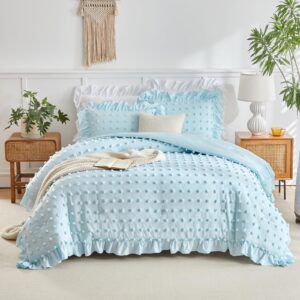 tufted dots ruffle comforter set twin size, 3 pieces blue ruffled farmhouse comforters, luxury embroidery shabby chic pom pom tufts boho bohemian bedding set for kids(1 comforter + 2 pillowcases)