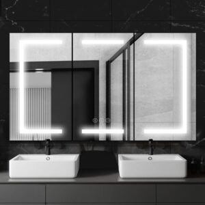 thnikre lighted medicine cabinet mirror, black 48*30 inch bathroom medicine cabinets with lights led, large bathroom mirror with storage waterproof aluminum outlets & usb anti-fog adjustable lightness