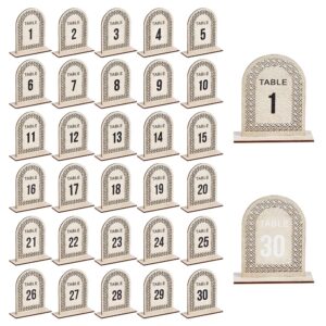 olycraft 30 sets wooden table number signs 3.1x4.3 inch numbers 1~30 rattan openwork wooden sign wedding table numbers stands with base table number display for restaurant receptions wedding supplies