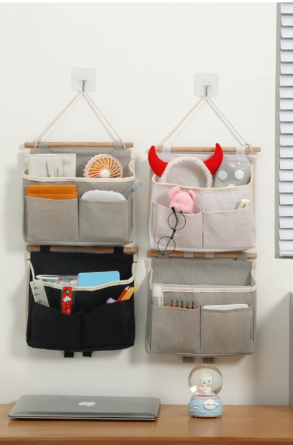 Alunsito Hanging Storage Organiser 2Pcs Waterproof Wall Hanging Bag Linen Cotton Organizer Wall Basket, Closet Hanging Pouch with Hooks for Bedroom Bathroom Kitchen