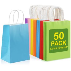 cegzer 50 pcs paper gift bags, 5.9x3.15x8.26 inch colorful kraft paper party favor bags with handles for wedding , kids birthday, retail shopping bags, party favors bags , goody and business, small gift bags with handles bulk , 7 colors