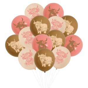 joymemo 45 pieces 12 inches highland cow party latex balloons boho - pink highland cow baby shower decorations, highland cattle birthday supplies for pregnancy celebration newborn party