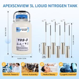 3L Liquid Nitrogen Tank, Semen Tank, Aluminum Alloy Cryogenic Container Liquid Nitrogen (LN2) Dewar, Tank Dewar with 6 Canisters & Carry Bag (3L)