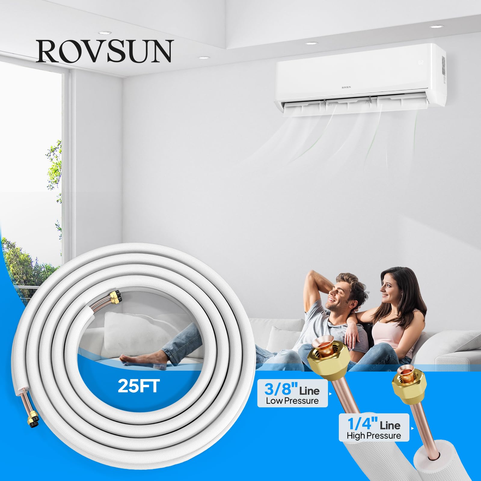 ROVSUN 25 Ft Mini Split Line Set, 1/4" & 3/8" O.D. Flared Copper Tubing Pipes & 3/8" Thickened PE Insulated Coil with Nuts & Installation Kit for Mini Split Air Conditioner & Heat Pump System