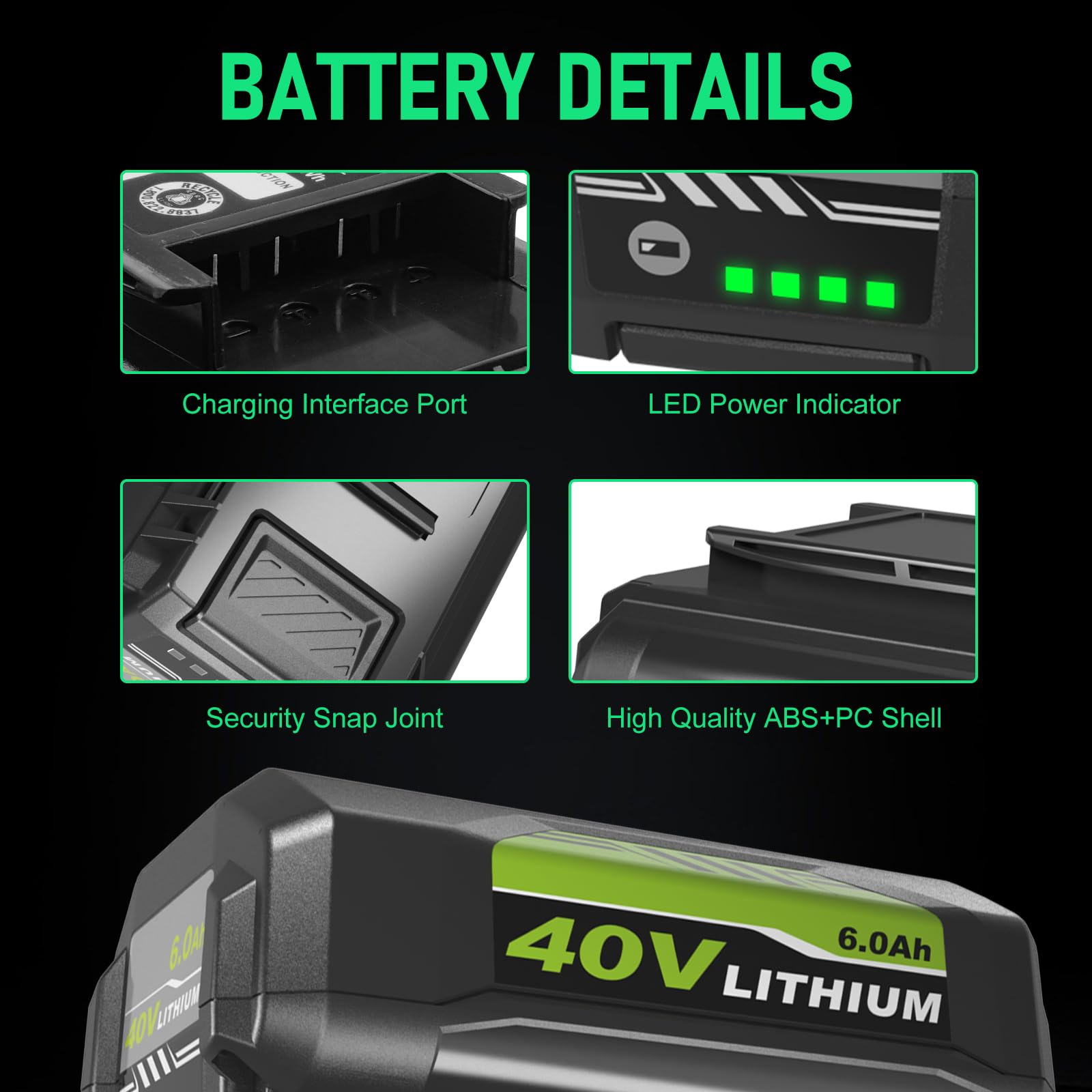 40v 6000mAh OP40601 Battery and OP401 Charger Replacement for Ryobi 40V Battery Li-ion and Charger Compatible with Ryobi 40 Volt Battery OP4026A OP40201 OP4050A OP4015 OP40261 OP40401 OP4060 (Green)