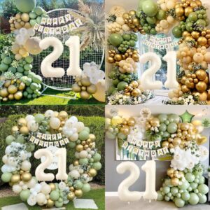 GYESXYW 21st Birthday Decorations, Sage Green Gold 21st Birthday Decorations for Her, Including Happy Birthday Banner, 21st Birthday Sash, Crown, Cake Topper, Balloons Set for Birthday Party Supplies