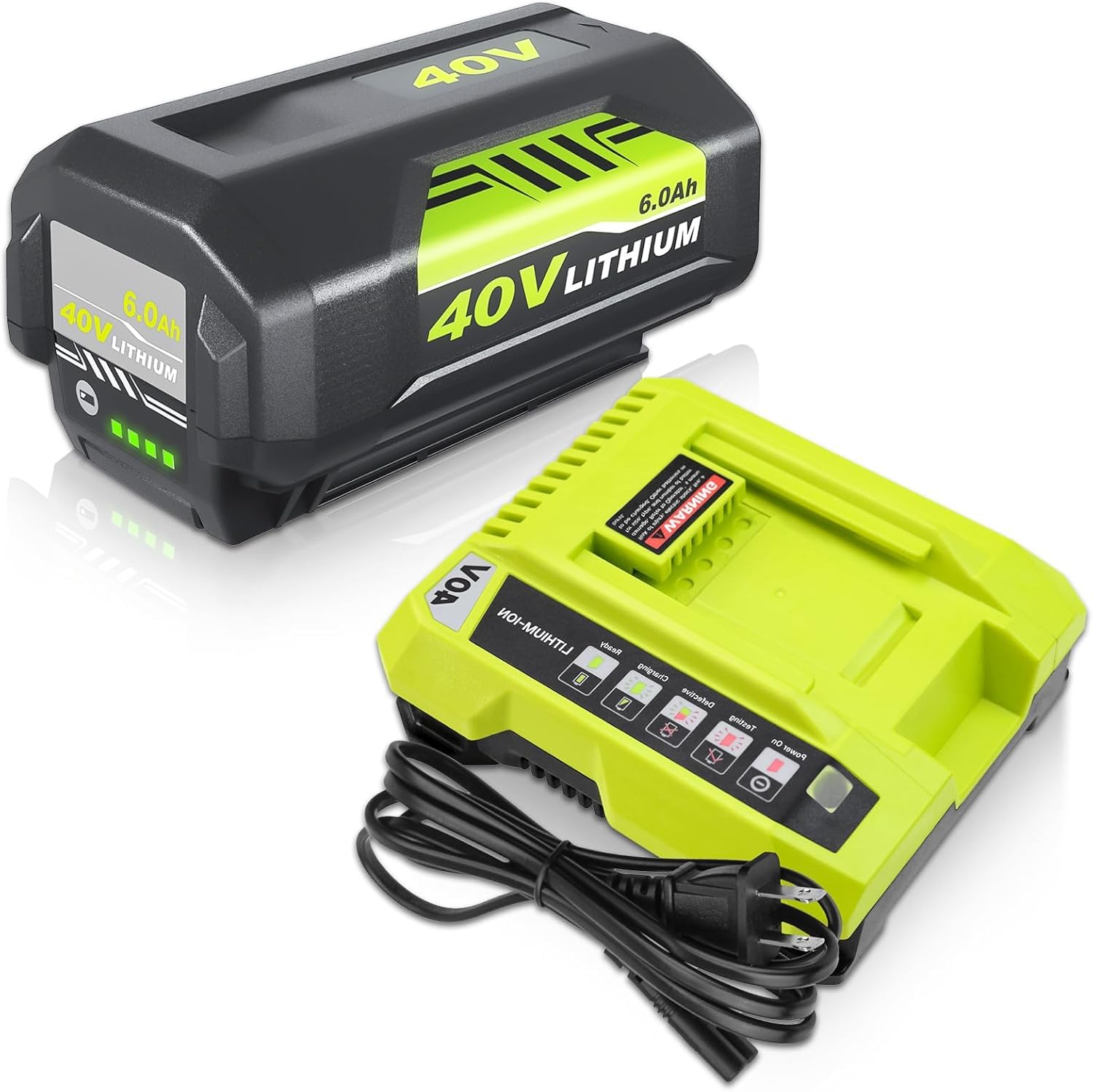 40v 6000mAh OP40601 Battery and OP401 Charger Replacement for Ryobi 40V Battery Li-ion and Charger Compatible with Ryobi 40 Volt Battery OP4026A OP40201 OP4050A OP4015 OP40261 OP40401 OP4060 (Green)