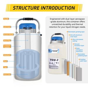 3L Liquid Nitrogen Tank, Semen Tank, Aluminum Alloy Cryogenic Container Liquid Nitrogen (LN2) Dewar, Tank Dewar with 6 Canisters & Carry Bag (3L)