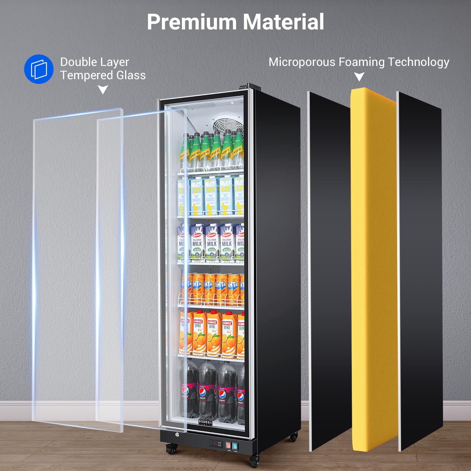 BODEGACOOLER Commercial Merchandiser Refrigerator,12.5 Cu.Ft Glass Door Display Refrigerator,Upright Commercial Beverage Display Cooler with Soft LED Light,Adjustable Shelves,Black