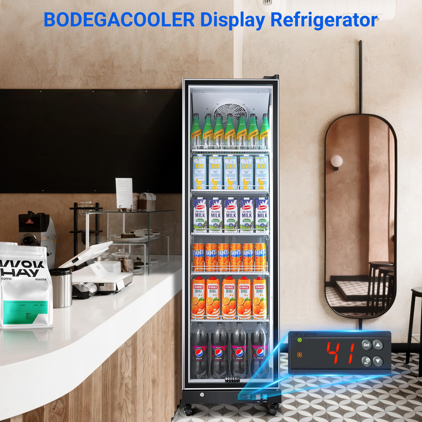 BODEGACOOLER Commercial Merchandiser Refrigerator,12.5 Cu.Ft Glass Door Display Refrigerator,Upright Commercial Beverage Display Cooler with Soft LED Light,Adjustable Shelves,Black