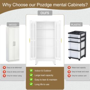 pozdeg Metal Storage Cabinet, Kitchen Pantry Cabinet with 2 Cross Door Panels and 3 Adjustable Shelves, Versatile Storage Pantry for Living Room Office Laundry Dining Room or Outdoor (White)