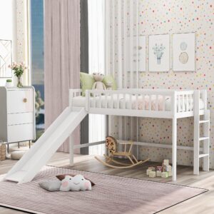 kids twin loft bed with slide rails, low beds frame wooden for toddler boys girls junior slat support, no box spring needed, white