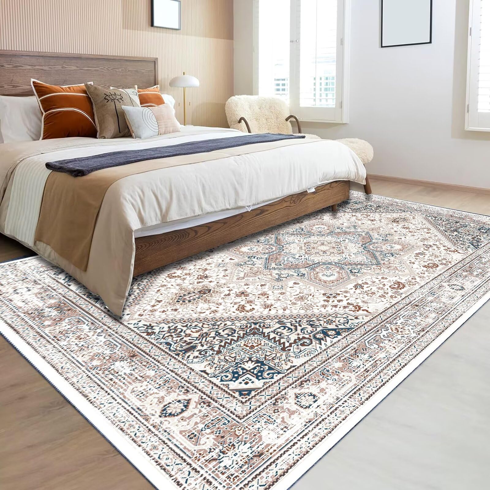 HZODJBH Machine Washable Area Rugs with Non-Slip Backing, Ideal for Hallway, Living Room, Bedroom, Kitchen and Laundry Room, Vintage and Low Pile Rug (7' x 10')