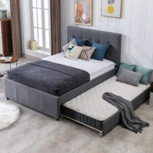 civama full size bed with trundle, upholstered full over twin bed with headboard & wooden slat support, pull out twin platform bed underneath, no box spring needed, grey