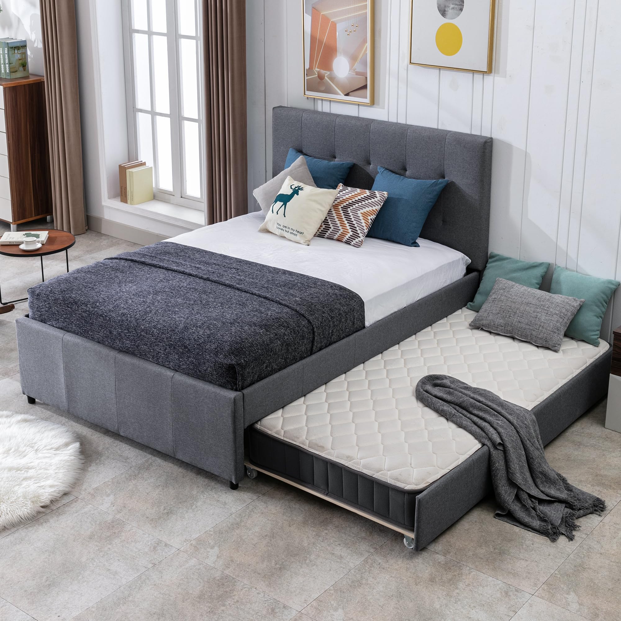 civama Full Size Bed with Trundle, Upholstered Full Over Twin Bed with Headboard & Wooden Slat Support, Pull Out Twin Platform Bed Underneath, No Box Spring Needed, Grey