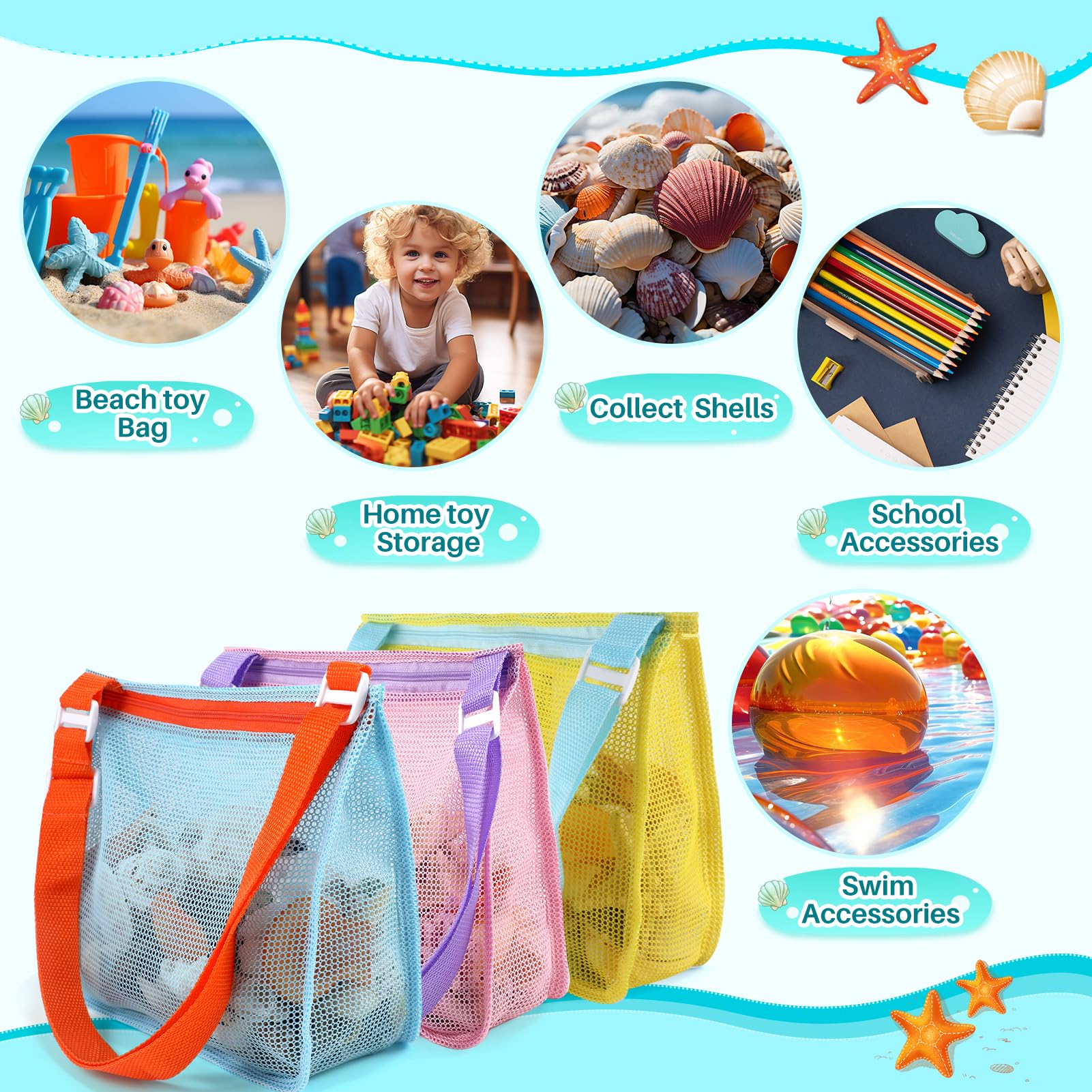 CLAPET Mesh Beach Bag for Kids Sand Toys, 3 Pack Shell Collecting Bag for Beach Toys Seashell Swimming Accessories for Boys Girls Toddler (Only Bags)