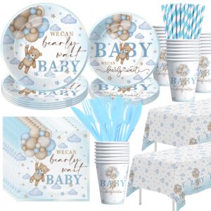 suhelkit bear baby shower decorations tableware - we can bearly wait baby shower decorations boy, paper plate, napkin, cup, cutlery, tablecloth, blue teddy bear baby shower party supplies | 24 guests