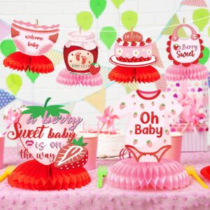 VorkiVecKi Strawberry Baby Shower Decorations - Berry Sweet Honeycomb Centerpieces 9 Pieces Pink Berry Sweet Baby Shower Decorations Supplies for Girls Gender Announcement Party Table Decor