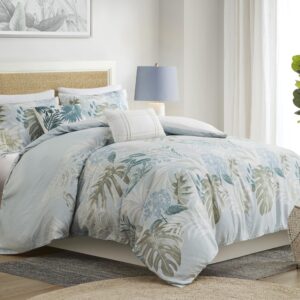 harbor house king duvet cover set, tropical palm print, soft cotton oversized duvet cover for a king-size bed, coastal bedding cover, 2 shams, 2 décor pillows, kiawah island, king/cal king blue