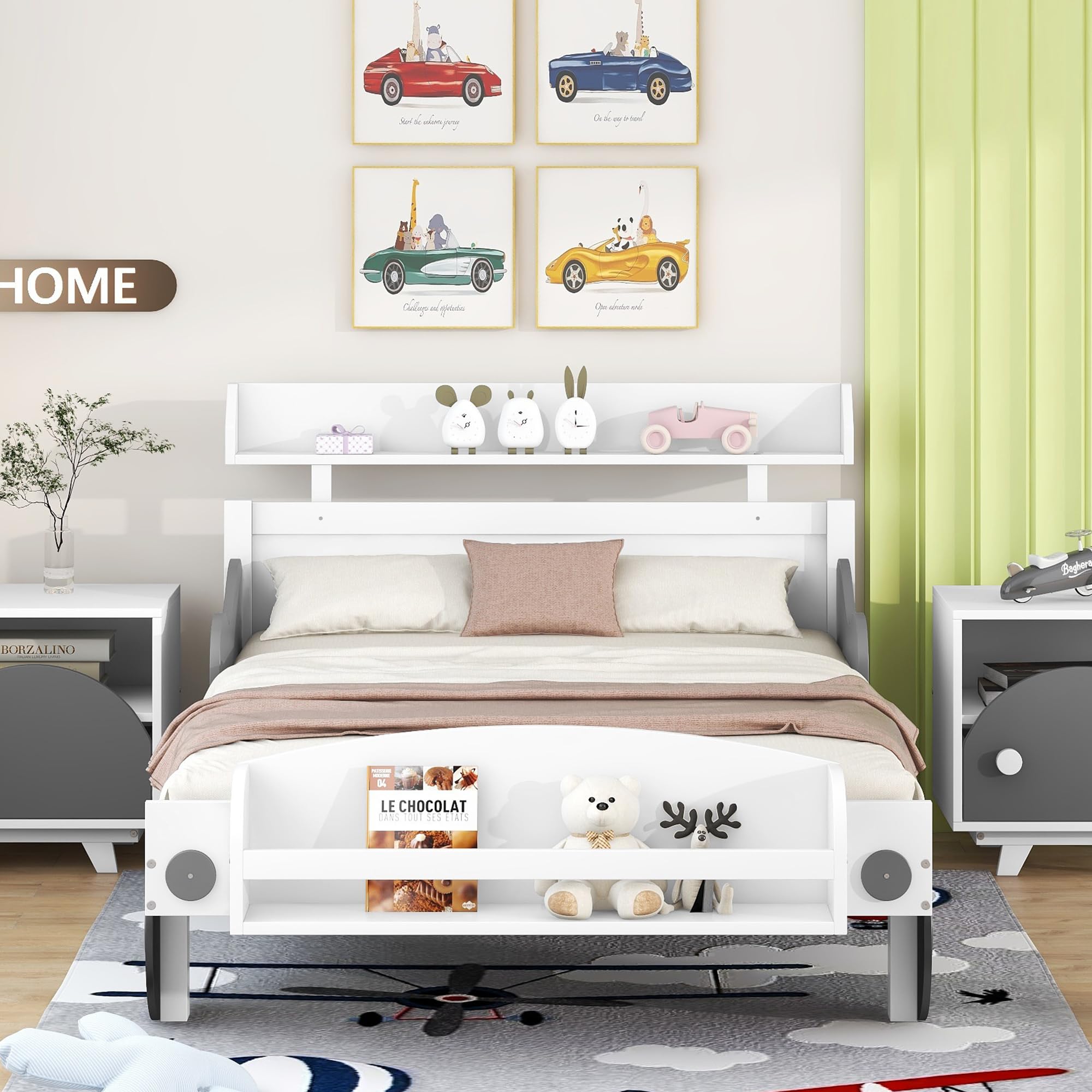 Twin Size Car-Shaped Platform Bed Frame for Boys Girls Kids Adults Toddler,Twin Bed with Storage Shelf for Bedroom,White