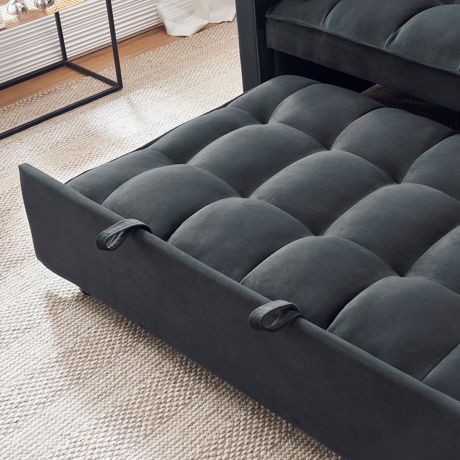 FENFSHE Contemporary Velvet Futon Sofa Bed with Adjustable Backrest, Storage Pockets, and Pillows - Ideal for Living Room or Bedroom (Black)