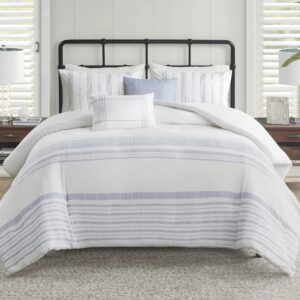 harbor house queen duvet cover set, stripes clipped jacquard, cotton oversized duvet cover for a queen-size bed, farmhouse bedding cover, 2 shams, 2 décor pillows, morgan, full/queen white/blue