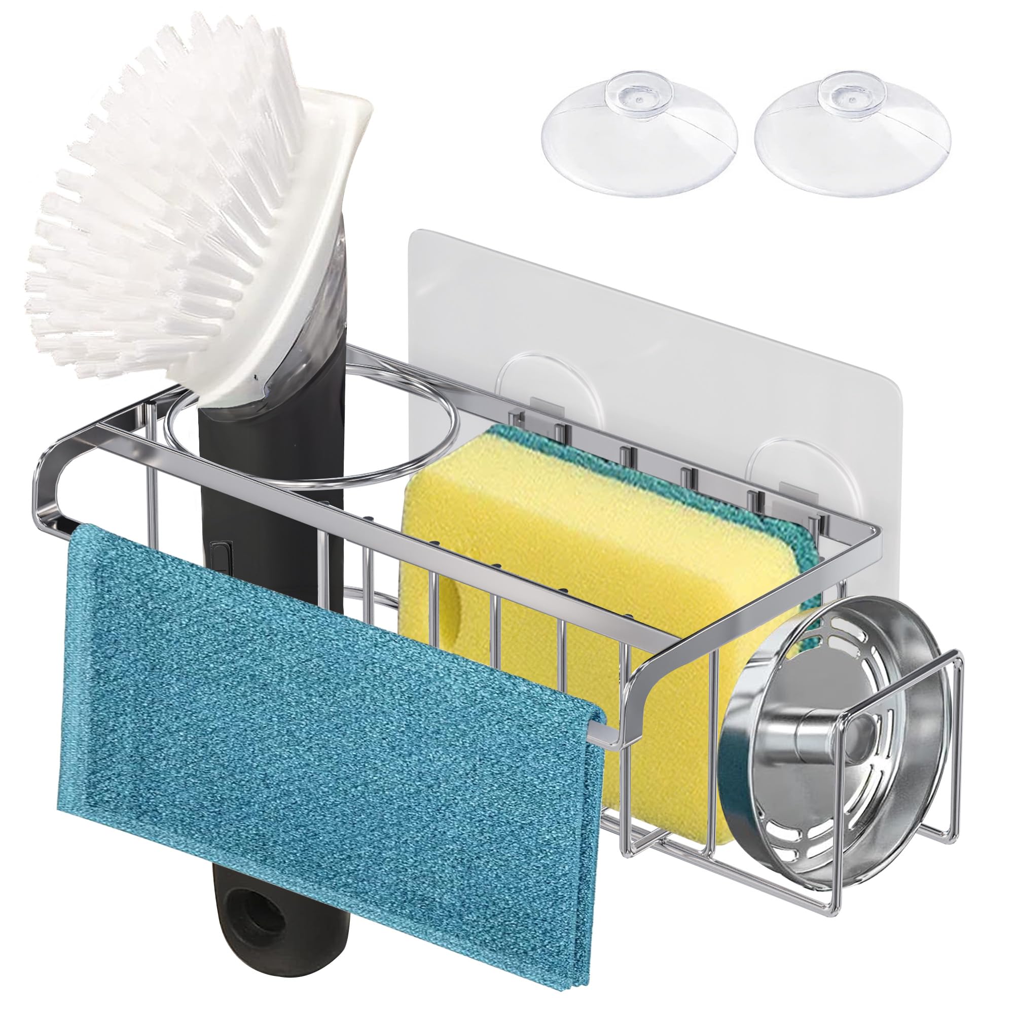 KESOL 4-in-1 Kitchen Sink Caddy with Adhesive Sponge Holder for Kitchen Sink + Dish Cloth Hanger + Dish Brush Holder, 304 Stainless Steel Rust Proof, Water Proof, No Drilling Kitchen Sink Accessories