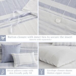 Harbor House Queen Duvet Cover Set, Stripes Clipped Jacquard, Cotton Oversized Duvet Cover for a Queen-Size Bed, Farmhouse Bedding Cover, 2 Shams, 2 Décor Pillows, Morgan, Full/Queen White/Blue