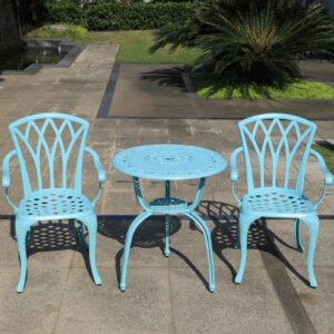 kaili 3 piece bistro table set cast aluminum outdoor patio furniture with chair with armrests (light blue)