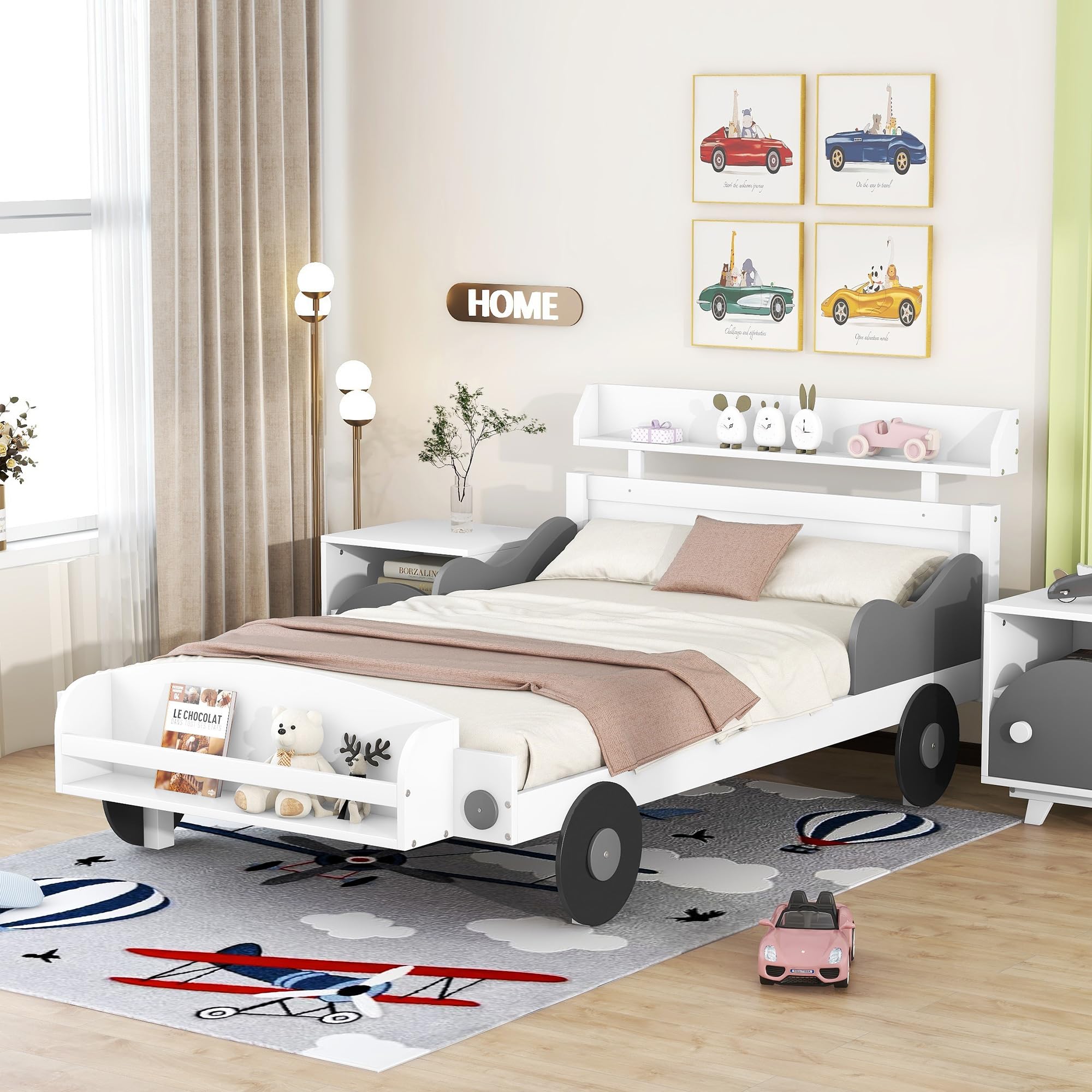 Twin Size Car-Shaped Platform Bed Frame for Boys Girls Kids Adults Toddler,Twin Bed with Storage Shelf for Bedroom,White