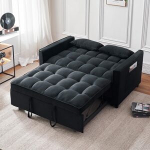 fenfshe contemporary velvet futon sofa bed with adjustable backrest, storage pockets, and pillows - ideal for living room or bedroom (black)