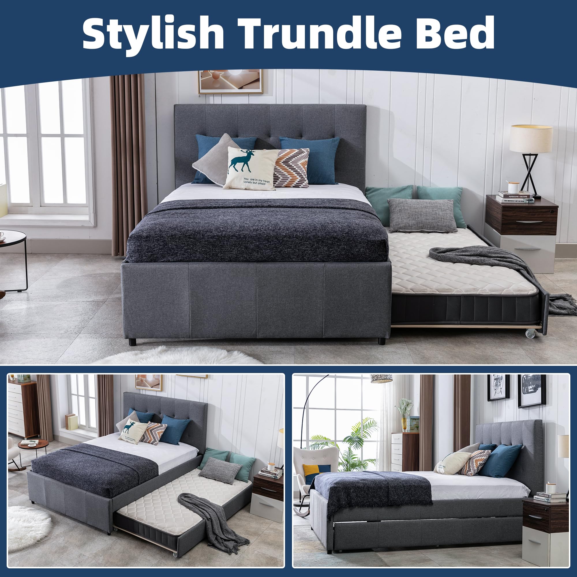 civama Full Size Bed with Trundle, Upholstered Full Over Twin Bed with Headboard & Wooden Slat Support, Pull Out Twin Platform Bed Underneath, No Box Spring Needed, Grey