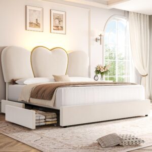 hithos king led bed frame with 4 storage drawers, modern velvet upholstered platform bed with 55" tall heart shaped headboard, solid wooden slats support, no box spring needed, metal trim, beige