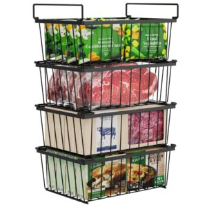 ispecle freezer organizer bins - 4 pack stackable chest freezer organizer for 5 cu.ft deep freezer sort frozen food, deep freezer organizer bins easy to get food from bottom better ventilation, black