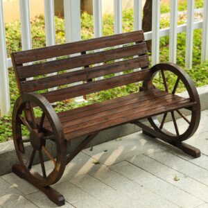 homediary outdoor wooden wagon wheel bench, rustic 2-person seat patio bench w/slatted design and carbonized finish, outdoor patio furniture w/550lbs high capacity for garden patio backyard porch