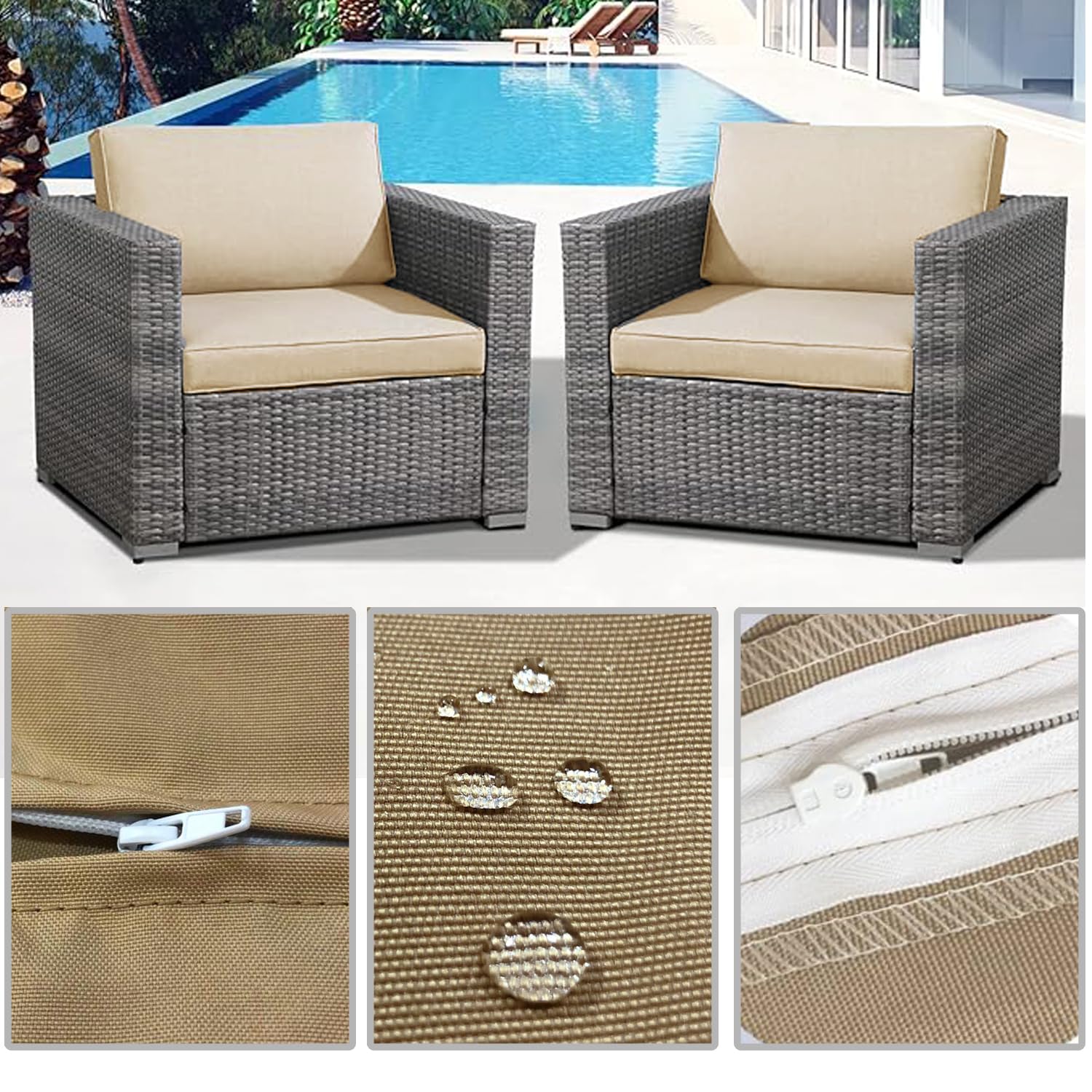 TECOSARA Patio Cushion Covers Replacement Outdoor Seat Cushions Cover for Patio Furniture, Deep Seat Bottom and Back Cushion Cover Set for Chair, Sofa and Couch, 2Packs, 28x28x6/28x17x6, Camel