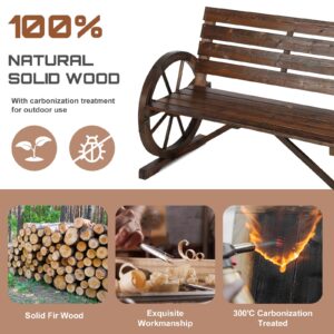 HOMEDIARY Outdoor Wooden Wagon Wheel Bench, Rustic 2-Person Seat Patio Bench w/Slatted Design and Carbonized Finish, Outdoor Patio Furniture w/550lbs High Capacity for Garden Patio Backyard Porch