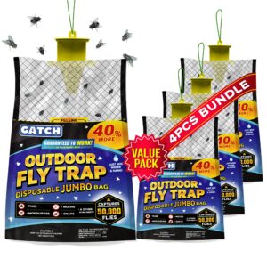 jumbo outdoor fly trap bags (4 pack), disposable, hanging fly catcher with bait, outdoor use fly hunter repellent control catcher killer, flies trap for barn, farm, mosquito, bugs, gnats, ready to use