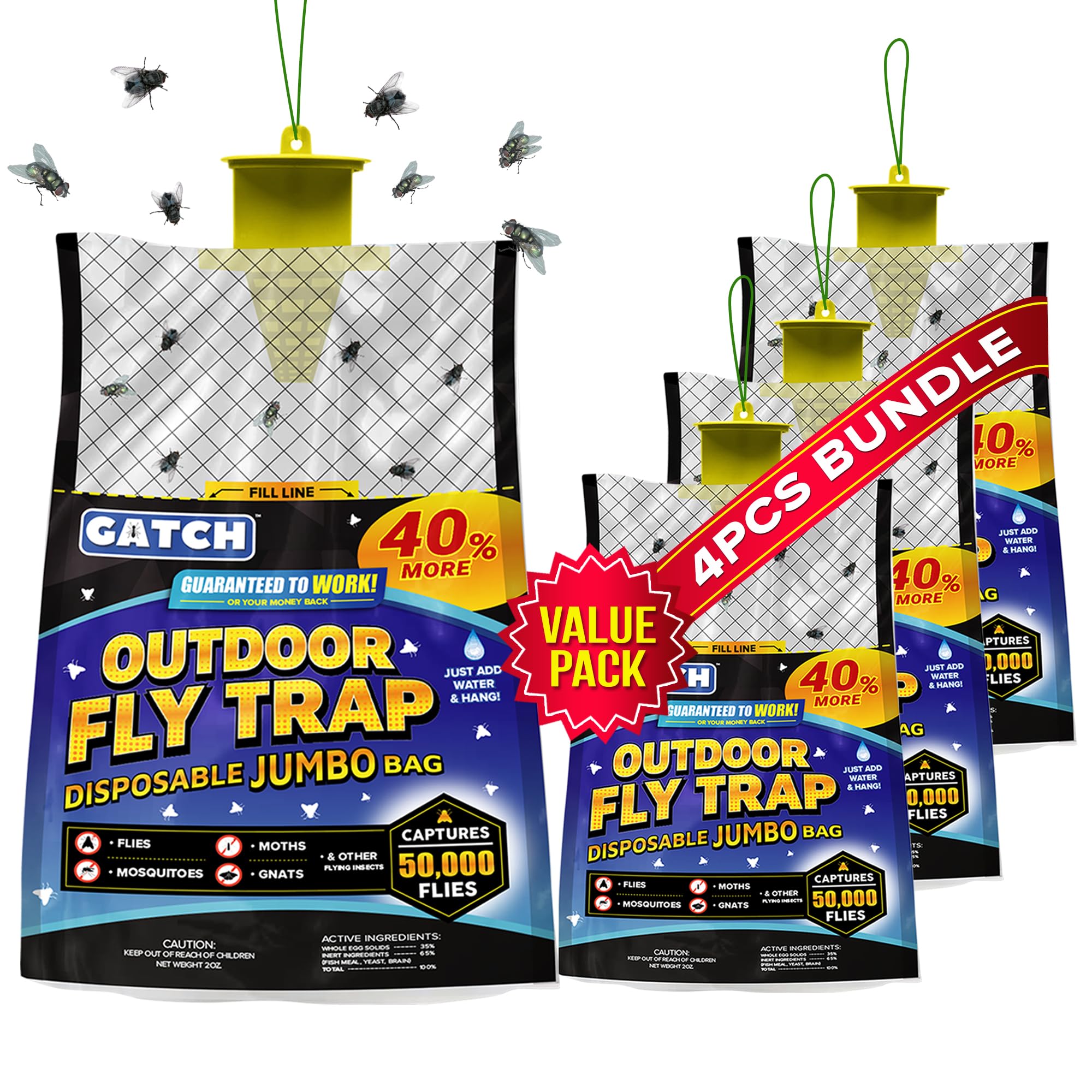 JUMBO Outdoor Fly Trap Bags (4 Pack), Disposable, Hanging Fly Catcher with Bait, Outdoor Use Fly Hunter Repellent Control Catcher Killer, Flies Trap for Barn, Farm, Mosquito, Bugs, Gnats, Ready to Use