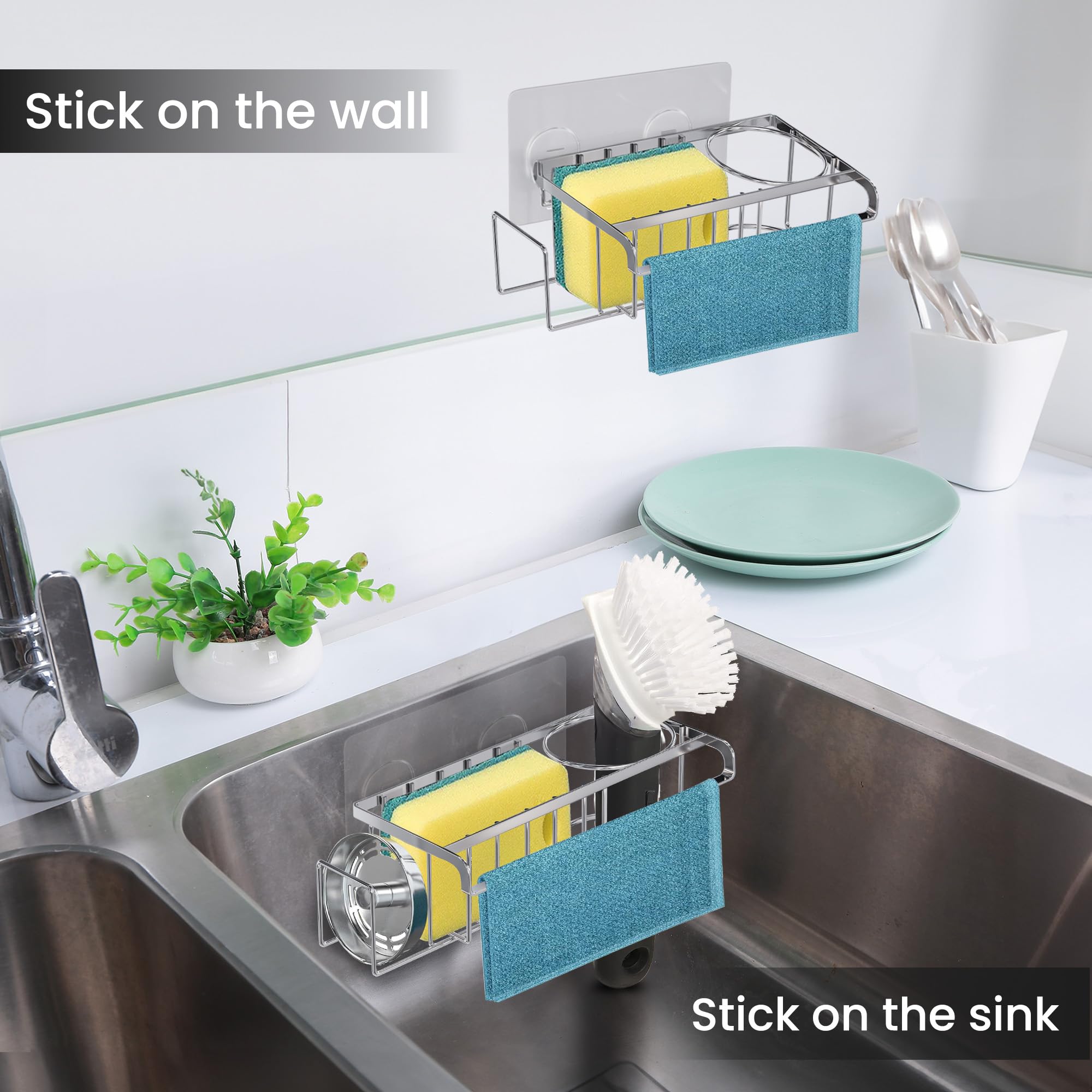 KESOL 4-in-1 Kitchen Sink Caddy with Adhesive Sponge Holder for Kitchen Sink + Dish Cloth Hanger + Dish Brush Holder, 304 Stainless Steel Rust Proof, Water Proof, No Drilling Kitchen Sink Accessories